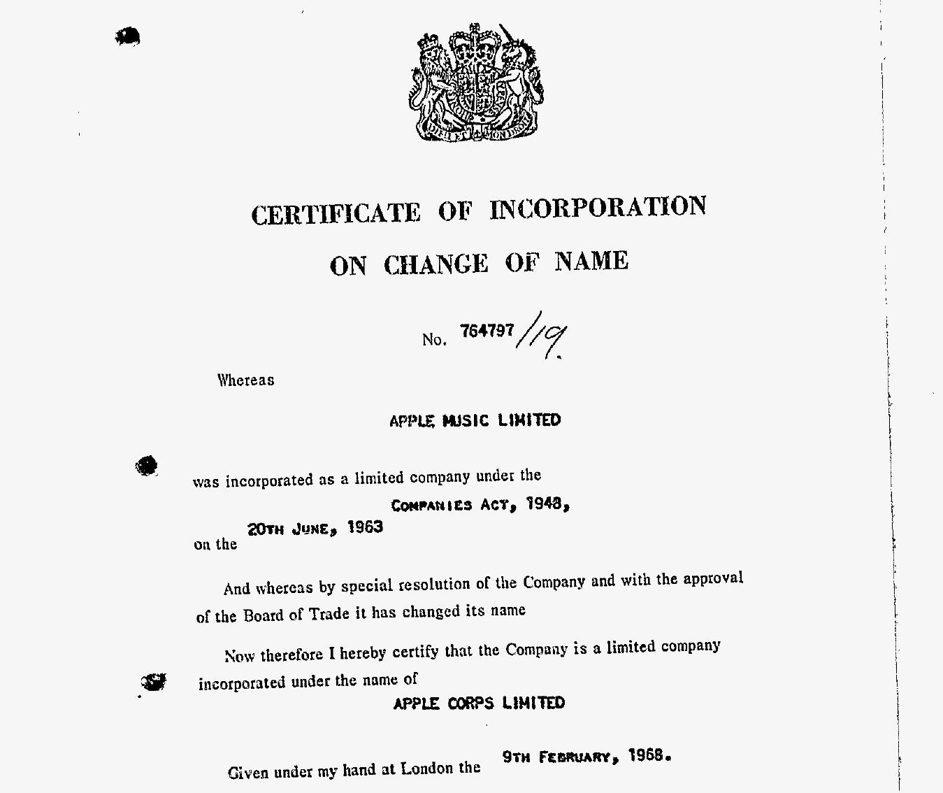 Beatles Change Of Name Certificate Companies House